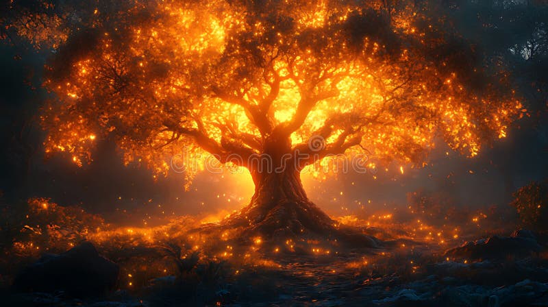 Fiery, Mystical Tree Ablaze at Night, Glowing Embers Surround Its Base ...