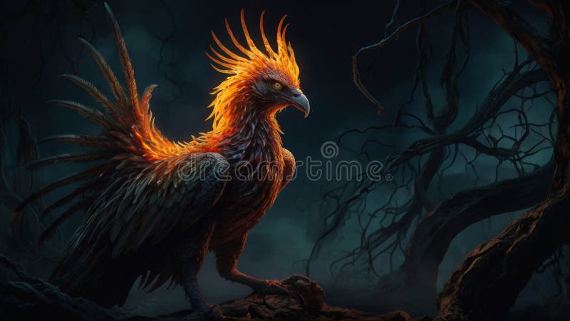 Fiery Mythical Creature in a Dark Forest Stock Illustration ...