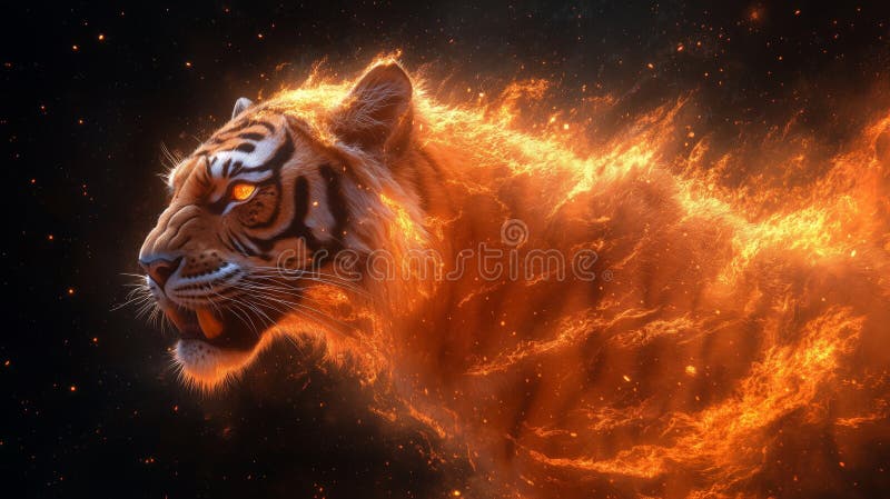 Fiery Mythical Tiger Digital Art Stock Image - Image of jungle, flame ...