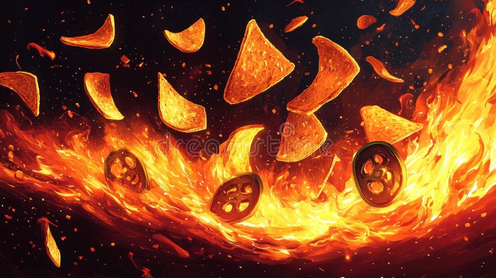Fiery Nachos and Jalapenos in a Dynamic, Spicy Explosion. Stock Photo ...