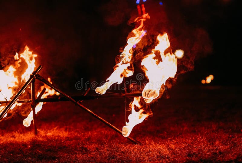 Fiery Night Show Fire Spears Performance Stock Photo - Image of bright ...