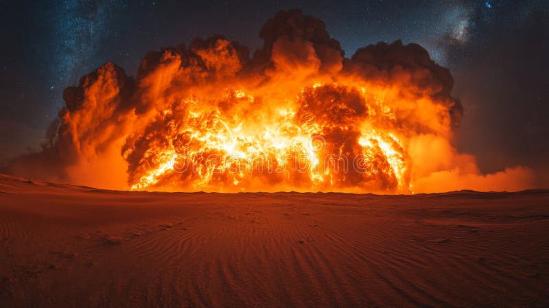 Fiery Nighttime Explosion in Desert Landscape Stock Illustration ...