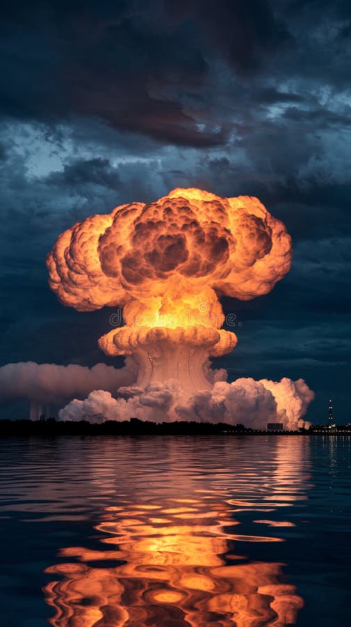 Fiery Nuclear Explosion Mushroom Cloud with Intense Reflection Stock ...