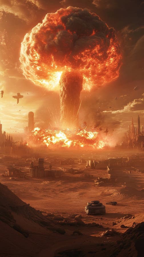 Fiery Nuclear Explosion Over a Post-Apocalyptic Landscape Stock Photo ...