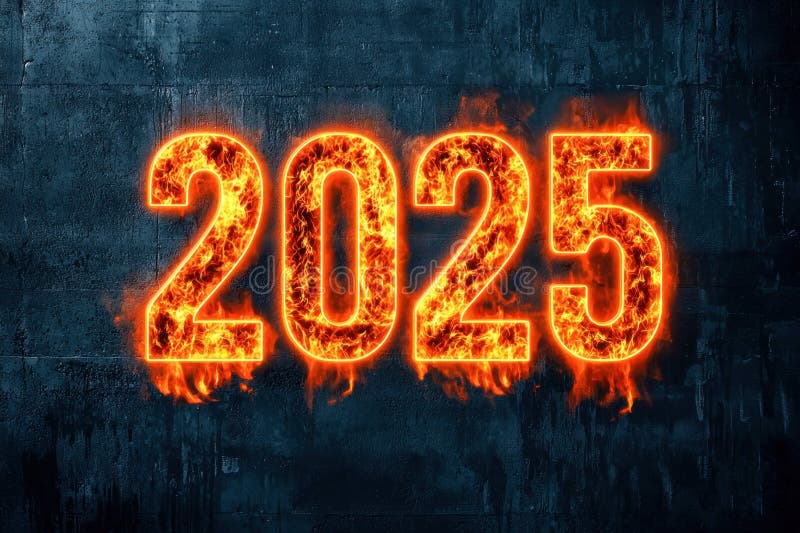 Fiery 2025 Number with Burning Flames on Dark Wall Background Stock ...