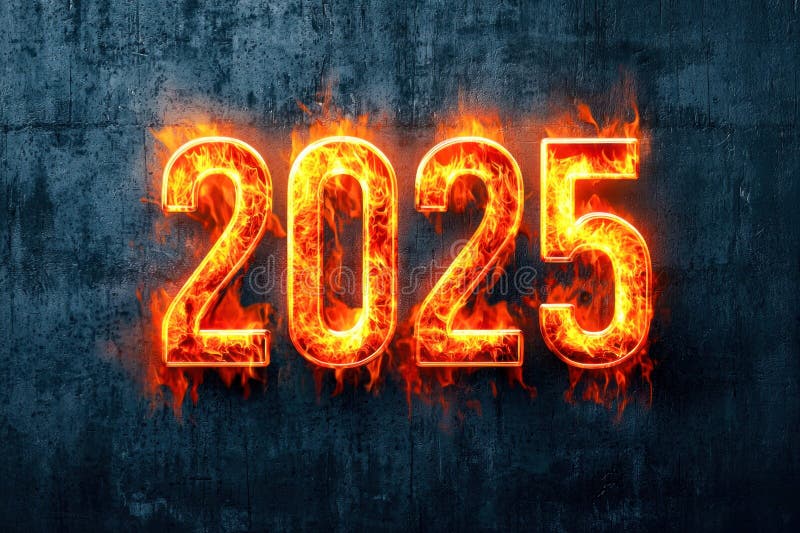 Fiery 2025 Number with Burning Flames on Dark Wall Background Stock ...