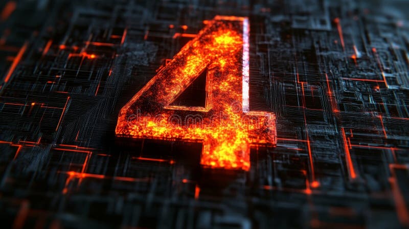 Fiery Number Four, Digital Rendering of Number 4 in Futuristic Style on ...
