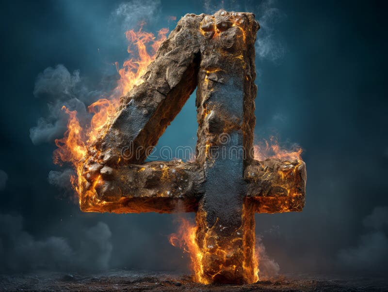 Fiery Number Four in Rugged Stone with Flames and Smoke on Dark ...