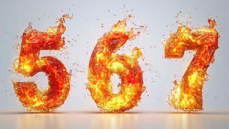 Fiery Numbers 567 Formed by Burning Flames and Sparks on a Light Gray ...