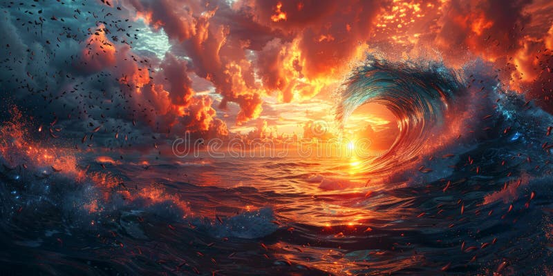 Fiery Ocean Scene with a Dramatic Wave and Sunset, Perfect for Dynamic ...