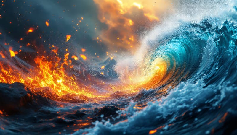 Fiery Ocean Wave Art Dramatic Sunset Fire Water Scene Stock ...