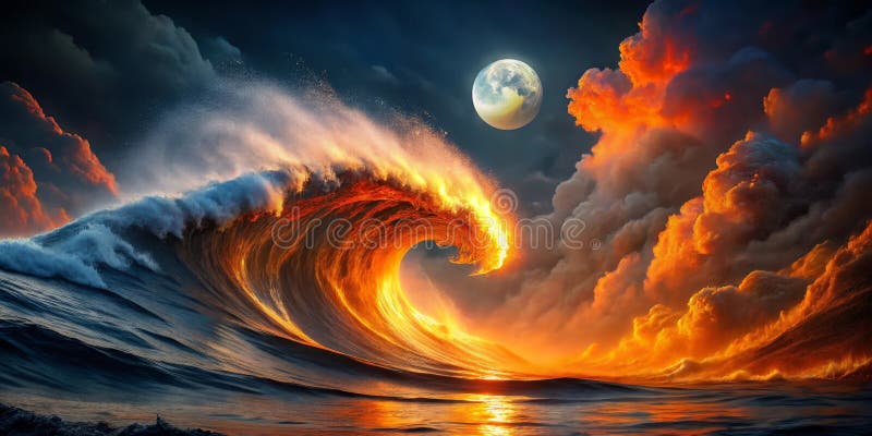 Fiery Ocean Wave Crashing Under a Full Moon and Dramatic Sunset Sky ...