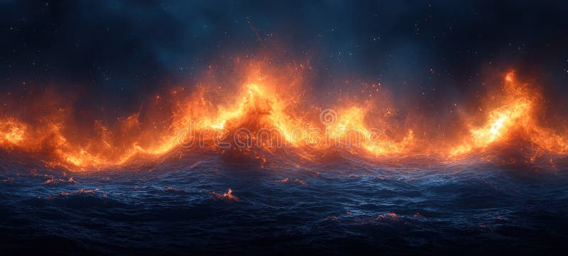 Fiery Ocean Wave Illuminated by Flames, Creating Dramatic Scene Stock ...
