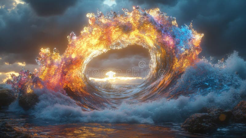 Fiery Ocean Wave Portal at Sunset Stock Illustration - Illustration of powerful, water: 376196214
