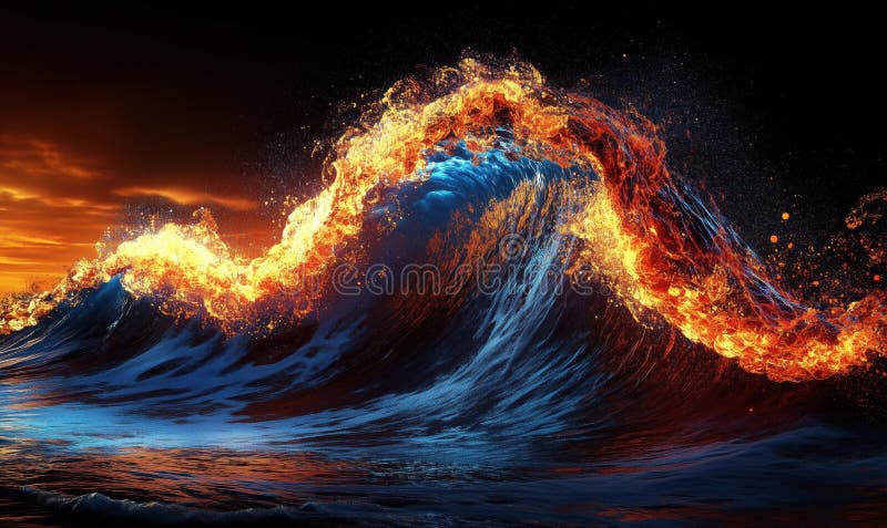 Fiery Ocean Wave Sunset Creating Stunning Visual Contrast Fire Water ...