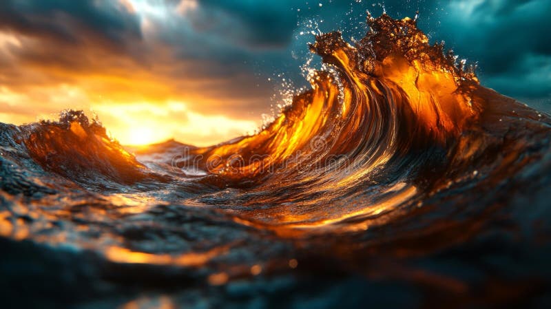 Fiery Ocean Waves Clash at Dusk Creating Intense Visuals Stock ...