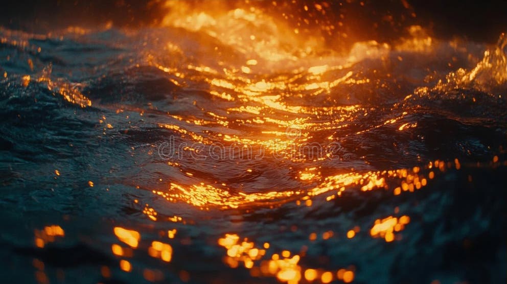 Fiery Ocean Waves at Night, Abstract Burning Water Texture Stock Photo ...