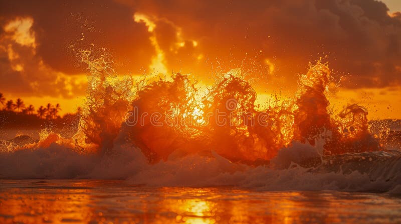 Fiery Ocean Waves at Sunset Stock Illustration - Illustration of spray ...