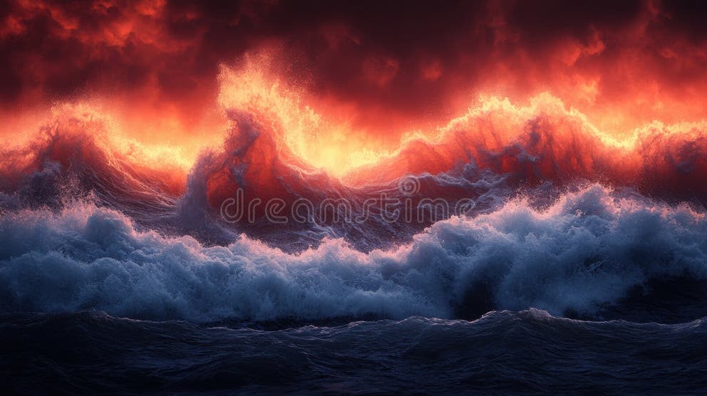 Fiery Ocean Waves at Sunset Dramatic Red and Orange Sky Intense Water ...