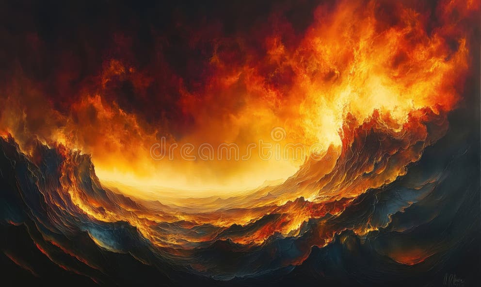 Fiery Ocean Waves Under Dramatic Sunset Sky with Intense Colors and ...