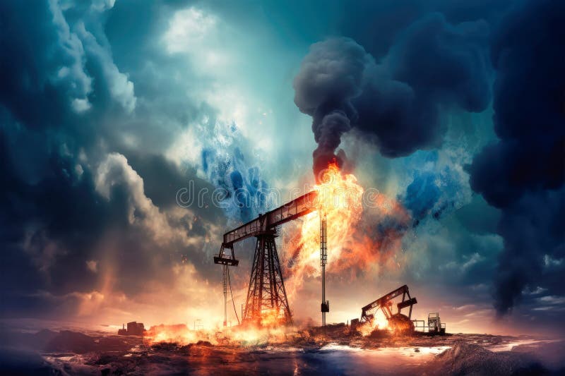 A Fiery Oil Rig Burns Under a Dramatic Sky, Signifying the Destructive ...