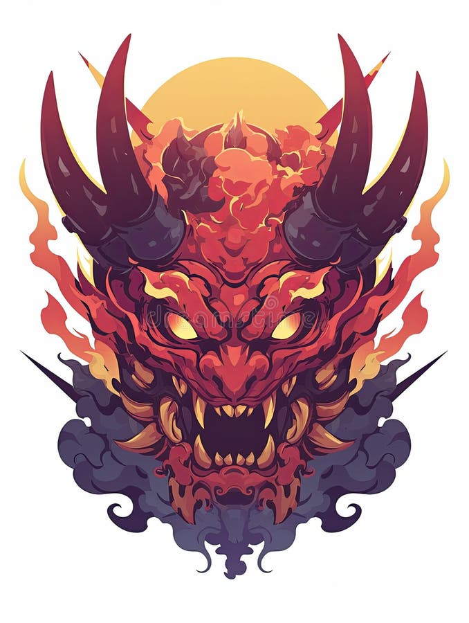 Fiery Oni Mask Illustration with Horns, Sharp Teeth, and Smoke Stock ...