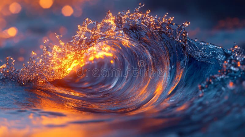 Fiery Orange and Blue Ocean Wave at Sunset Stock Illustration ...