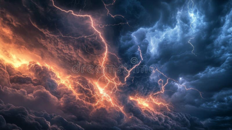 Fiery Orange and Blue Storm Clouds with Intense Lightning Stock ...