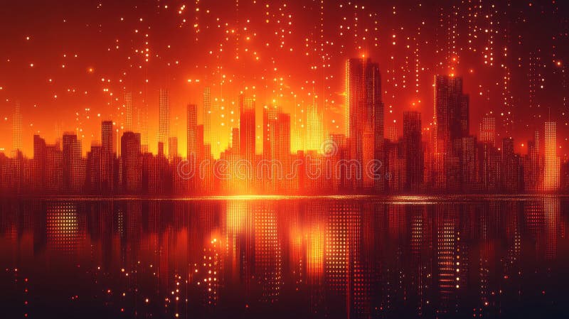 Fiery Orange City Night Skyline Reflection Stock Illustration ...