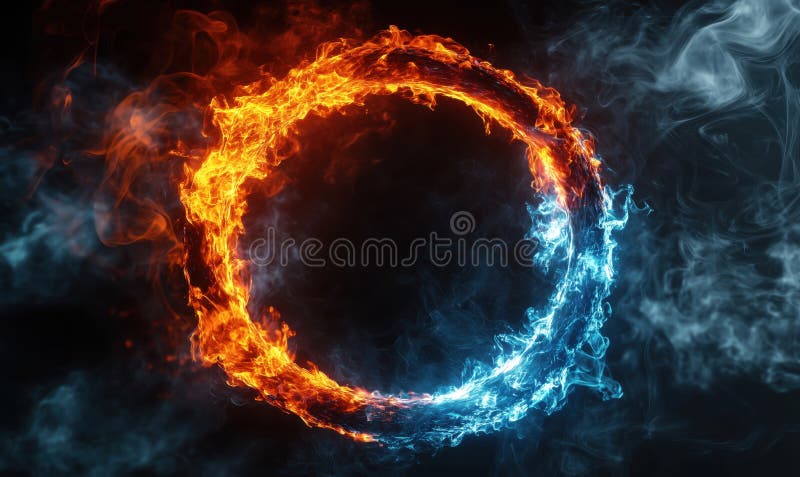 Fiery Orange and Cool Blue Circular Flame Ring with Smoke Effects Stock ...