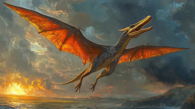 Fiery Orange Dragon Soaring through Dramatic Sunset Sky Stock ...