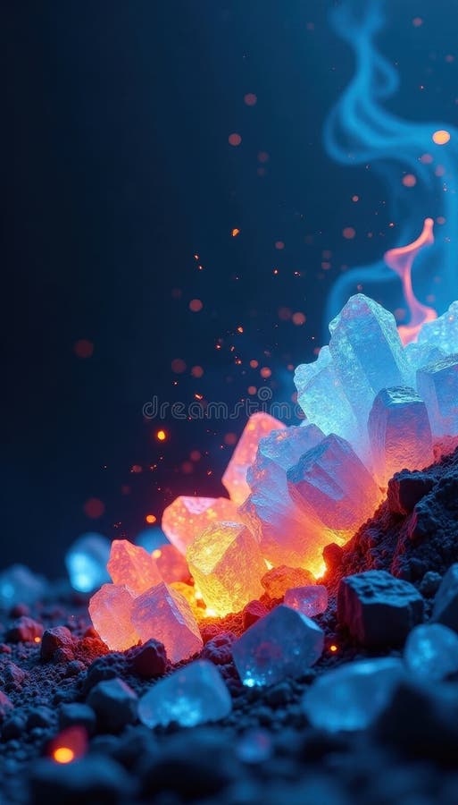 Fiery Orange Flames Contrast with Icy Blue Crystals on a Deep Blue ...