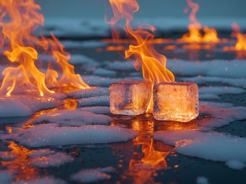 Fiery Orange Flames Enveloping Melting Ice Cubes Stock Photo - Image of ...