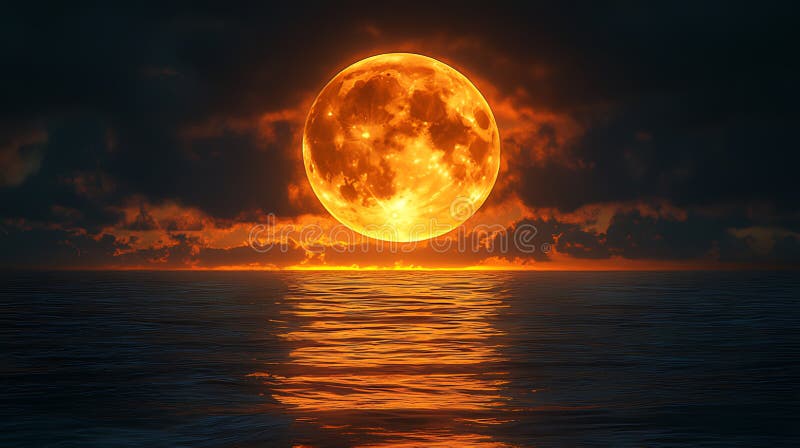 Fiery Orange Full Moon Rising Over Dark Ocean at Sunset, Reflected in ...