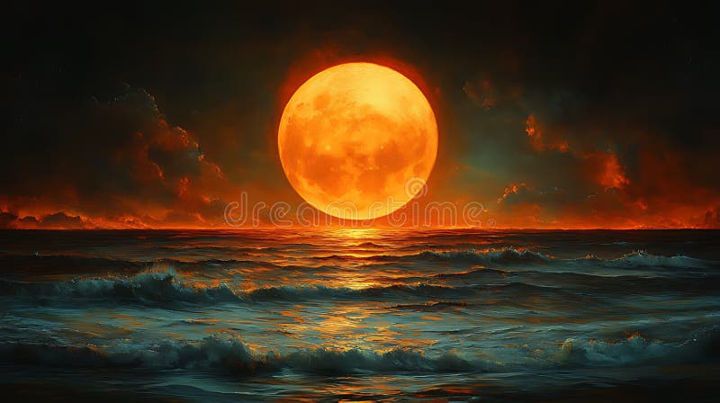Fiery Orange Full Moon Rising Over Dark Ocean Waves at Night Stock ...