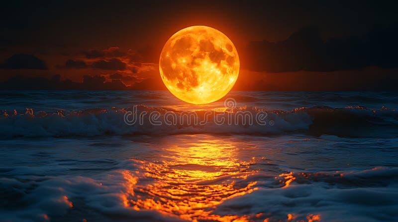 Fiery Orange Full Moon Rising Over Dark Ocean Waves at Night Stock ...