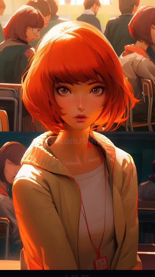 Fiery Orange-Haired Anime Girl in a Crowded Classroom AI Generated ...