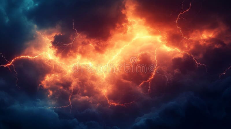 Fiery Orange Lightning Storm in Dark Blue Sky Stock Illustration ...