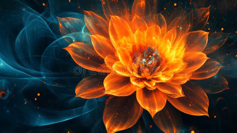 Fiery Orange Lotus Flower in Cosmic Blue Nebula Stock Illustration ...