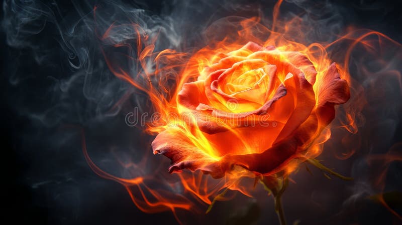 Fiery Orange Rose with Flames and Smoke in Dramatic Lighting Stock ...