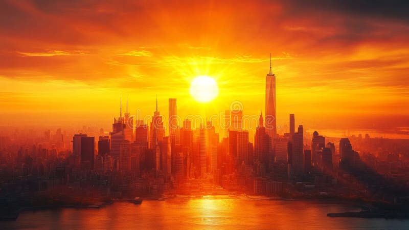 Fiery Orange Sunset Over City Skyline Stock Illustration - Illustration ...