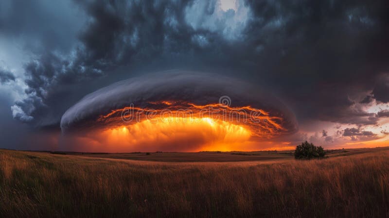 Fiery Orange Sunset Supercell Storm Over Grassland Stock Illustration ...