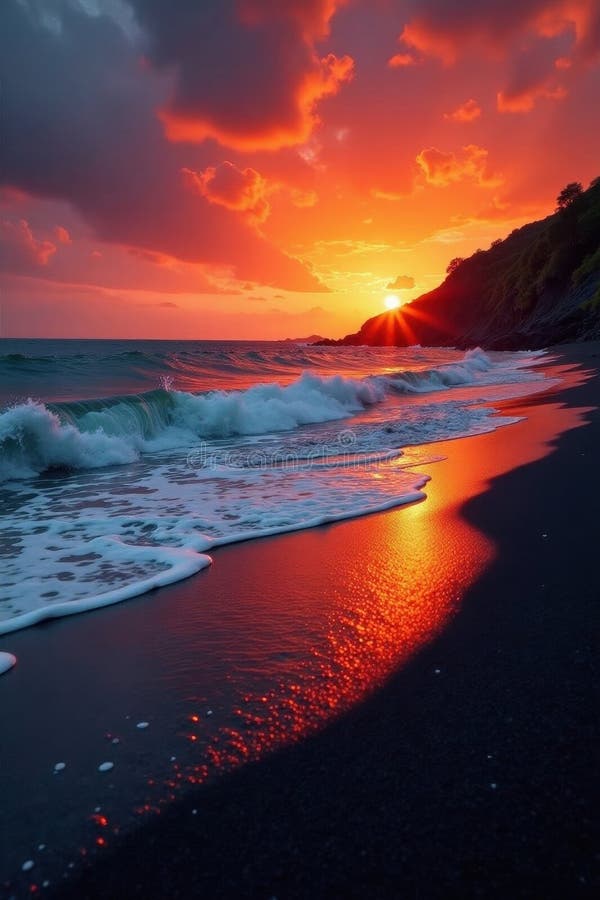 Fiery Orange Waves Crash on Black Volcanic Beach at Sunset , Color ...
