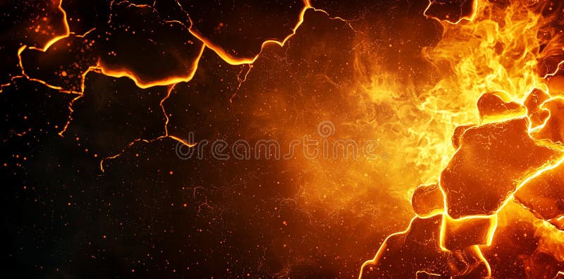 Fiery Orange and Yellow Flames with Glowing Cracks on Dark Background ...