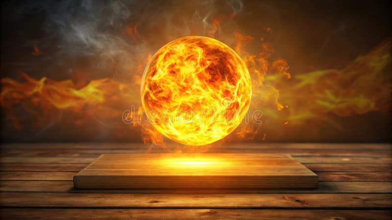 Fiery Orb Hovers Above Wooden Surface a Dramatic Composition of Intense ...