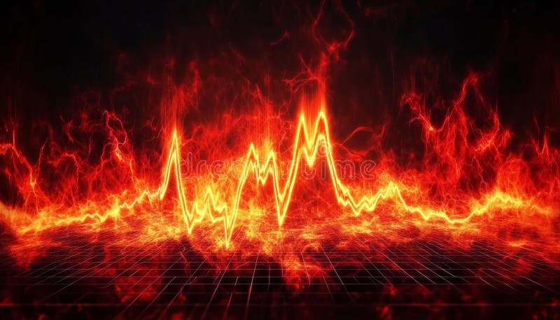 Fiery Oscillating Heart Rate Wave on Stark Black Grid Background ...
