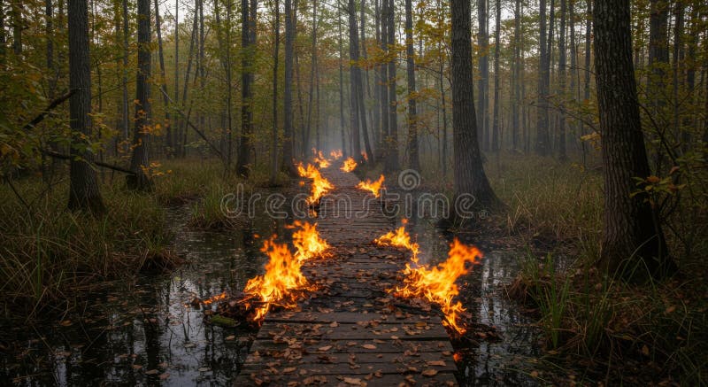 Fiery Path through Autumnal Swamp Stock Illustration - Illustration of ...