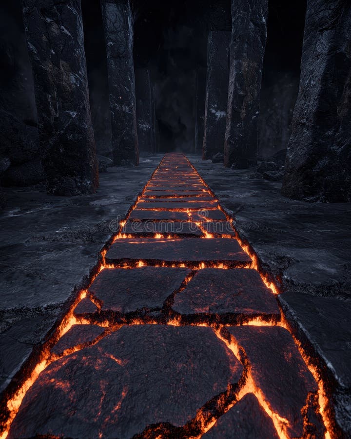 Fiery Path through a Dark, Rocky Canyon Stock Illustration ...