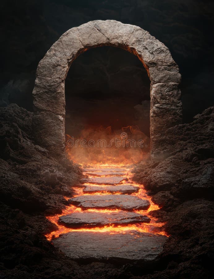 Fiery Path through a Rocky Archway Stock Illustration - Illustration of ...