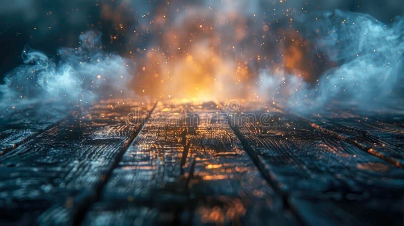 Fiery Path through Smoke Clouds on Wooden Surface, Surreal Concept ...